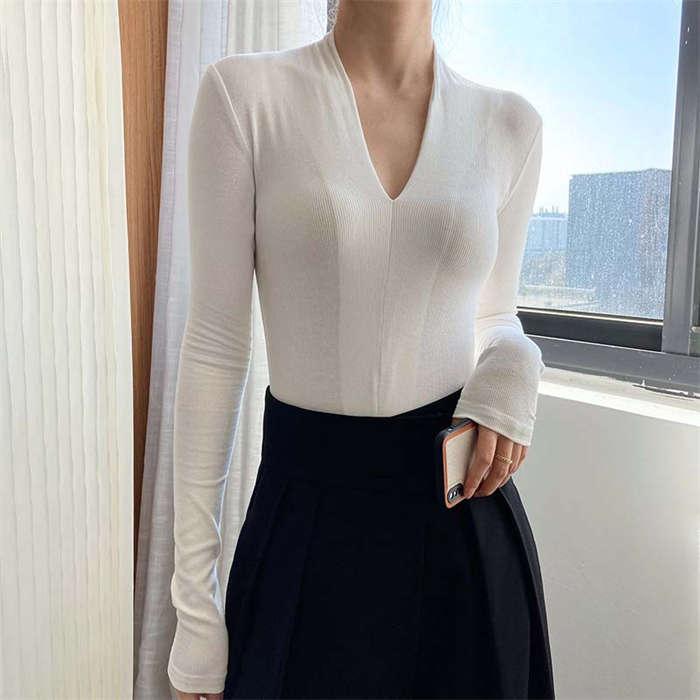 カットソー レディース 長袖 トップス vネック ニット セーター Tシャツ インナー 春 秋 冬 軽量 リブカットソー ふんわり 薄手 フィット ストレッチ 柔らかい : EC Logic ...