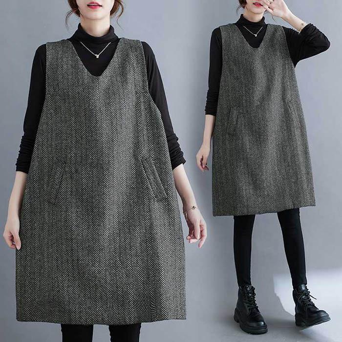 ジャンパースカート ワンピース レイヤード風 膝丈 ミディアム丈 ノースリーブ Vネック チェック柄 ポケット付き ゆったり 大きいサイズ 秋冬コーデ カジュアル : EC Logic ヤフー ...