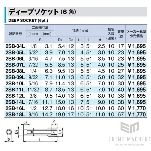 TONE ディープソケット 対辺寸法1/8インチ (2SB-04L)(4953488258868) トネ【ネコポス対応】 : エヒメマシン ...