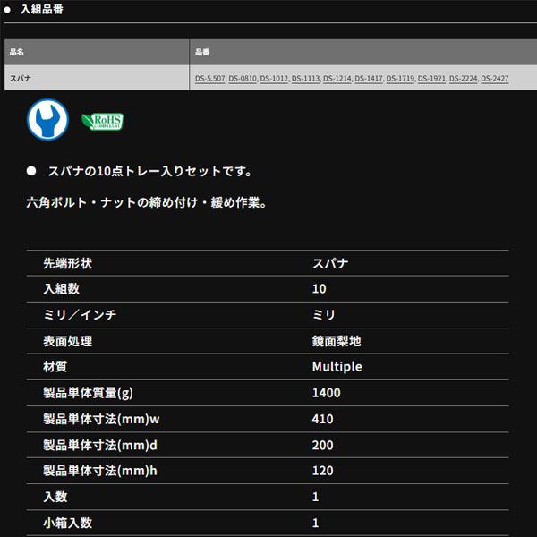 TONE 両口スパナセット 5.5×7、8×10、10×12、11×13、12×14、14×17、17×19、19×21、22×24、24×27mm (DS100C ...