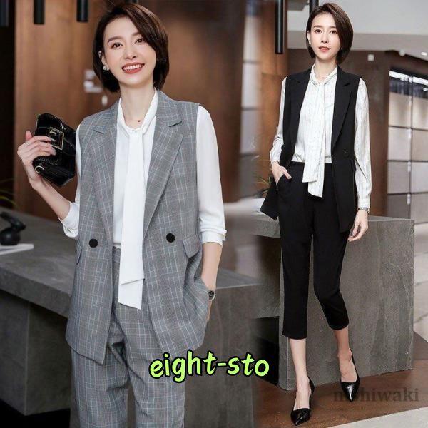 セットアップ レディース フォーマルスーツ 上下セット ロングベスト クロップドパンツ チェック テーラード ジレベストチョッキ スーツベスト ...
