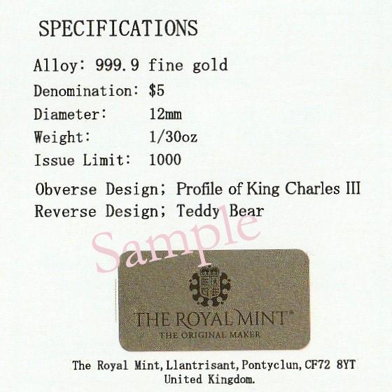 K24/K18 テディベアコインネックレス 1/30oz 保護ガラス付 送料無料 純金 ペンダント 24金 K18 18k ゴールド 金貨 記念 チャールズ国王 2024年 限定 ...