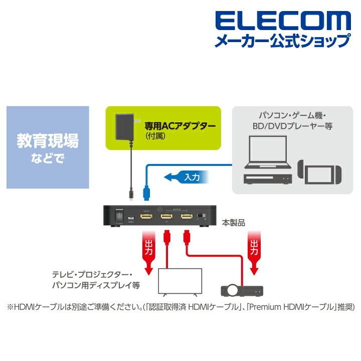 ELECOM エレコム HDMI分配器 1入力 2出力 hdmi 分配器 1入力2出力 同時出力 4K60p対応 専用ACアダプター┃VSP-HDP12BK : エレコムダイレクトショップ ...