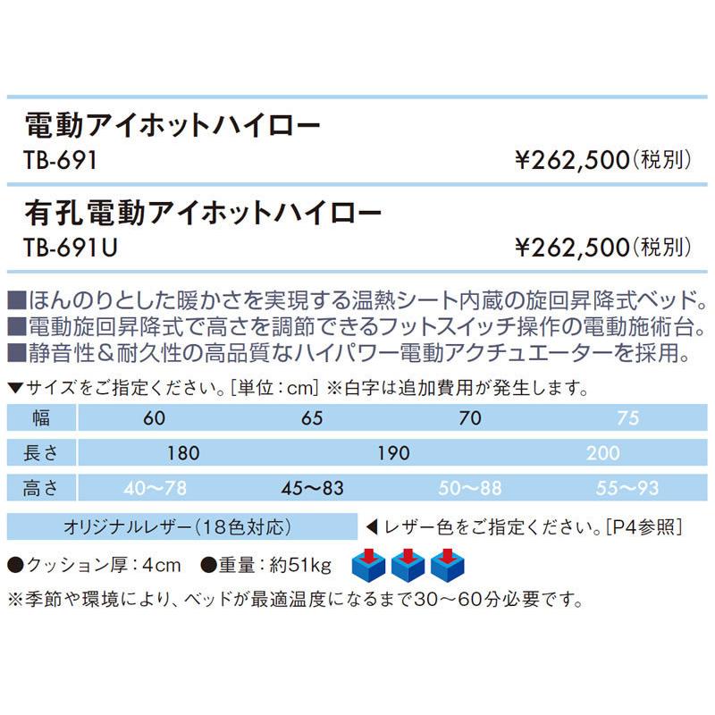 高田ベッド 有孔電動アイホットハイロー TB-691U マッサージベッド 施術 整体 昇降 治療用 医療用 診察台 :a001-0288-tb-691u:エンバシー 高田ベッド正規特約店 ...