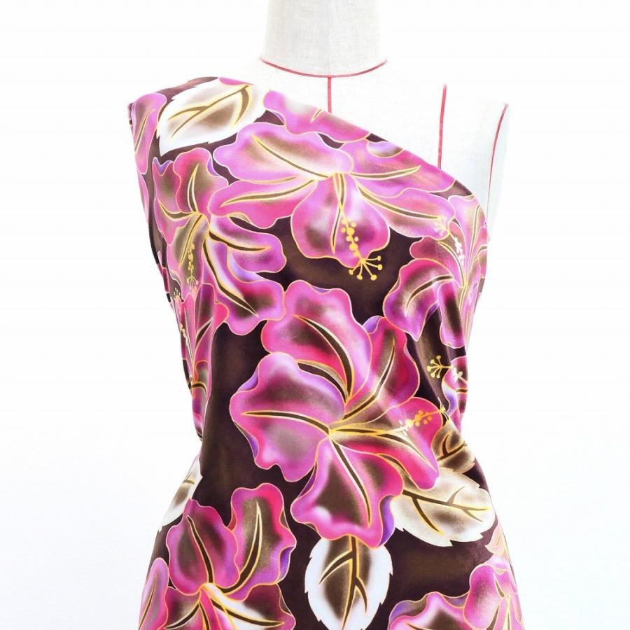 ハワイアン生地 グラデハイビスカス柄 コシボ・シャンタン・ストレッチベロア選べる生地 ブラウン×ピンク KH-662-BRPI 3-5営業日後 ...