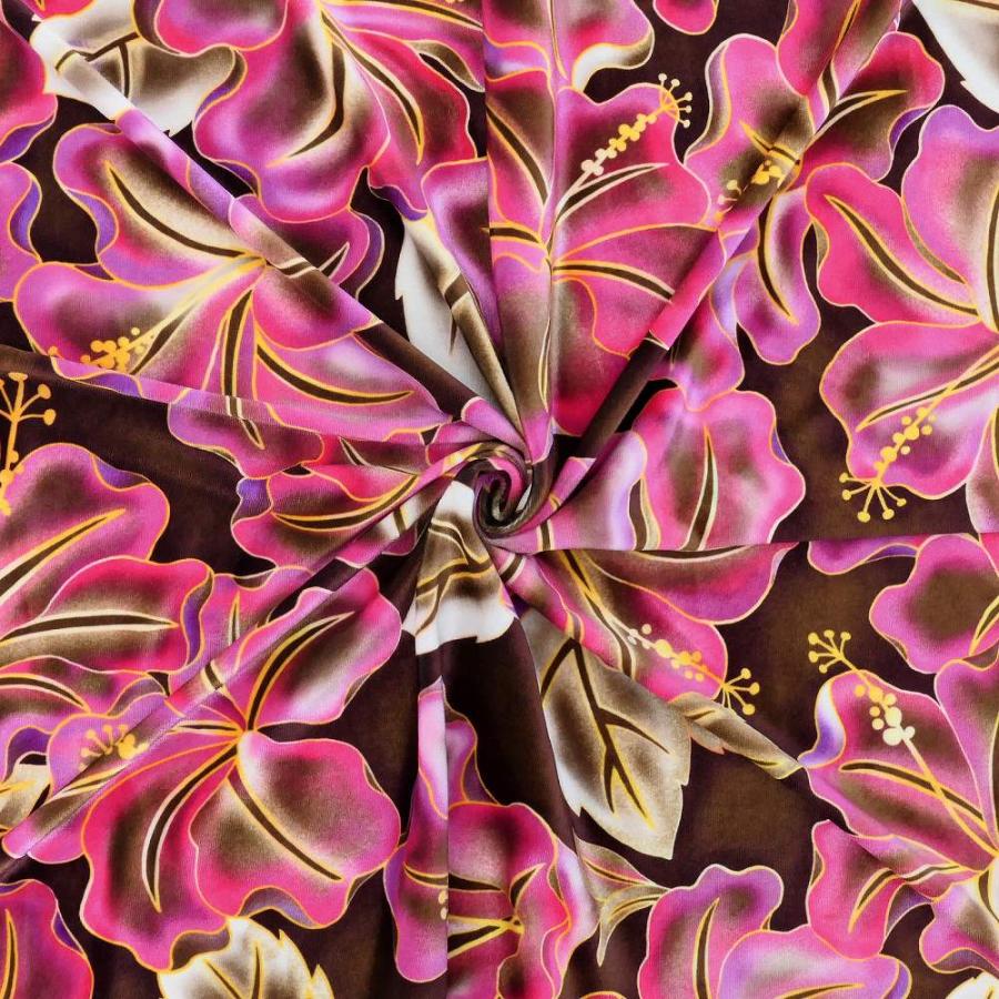 ハワイアン生地 グラデハイビスカス柄 コシボ・シャンタン・ストレッチベロア選べる生地 ブラウン×ピンク KH-662-BRPI 3-5営業日後 ...