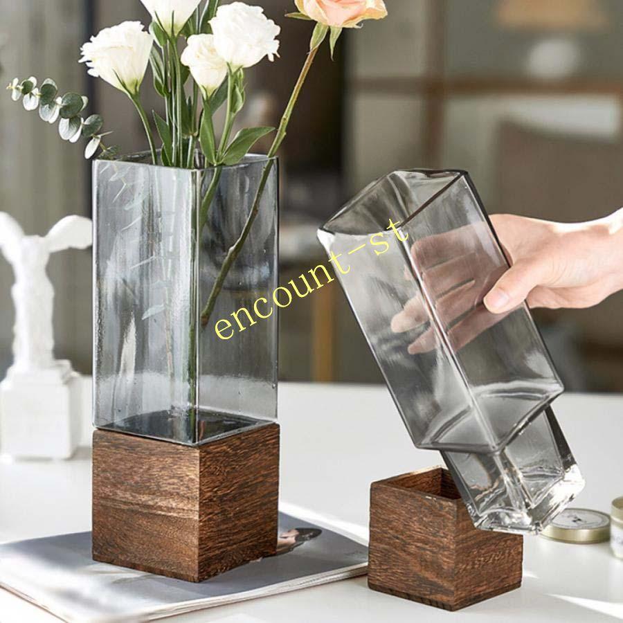 花瓶 ガラス 木製 フラワーベース 北欧 おしゃれ 花器 透明 セパレート グレー 大きい 花びん シンプル 可愛い かわいい インテリア 高さ25cm 四角 : encount-st ...