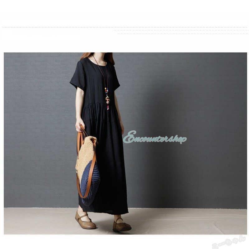 ワンピース レディース 春 夏 マキシ丈 大きいサイズ レディース 半袖 黒 ブラック リネン ロング ワンピース カジュアル 秋 二次会 お呼ばれ 通勤 XXL 40代 :dd0558 ...