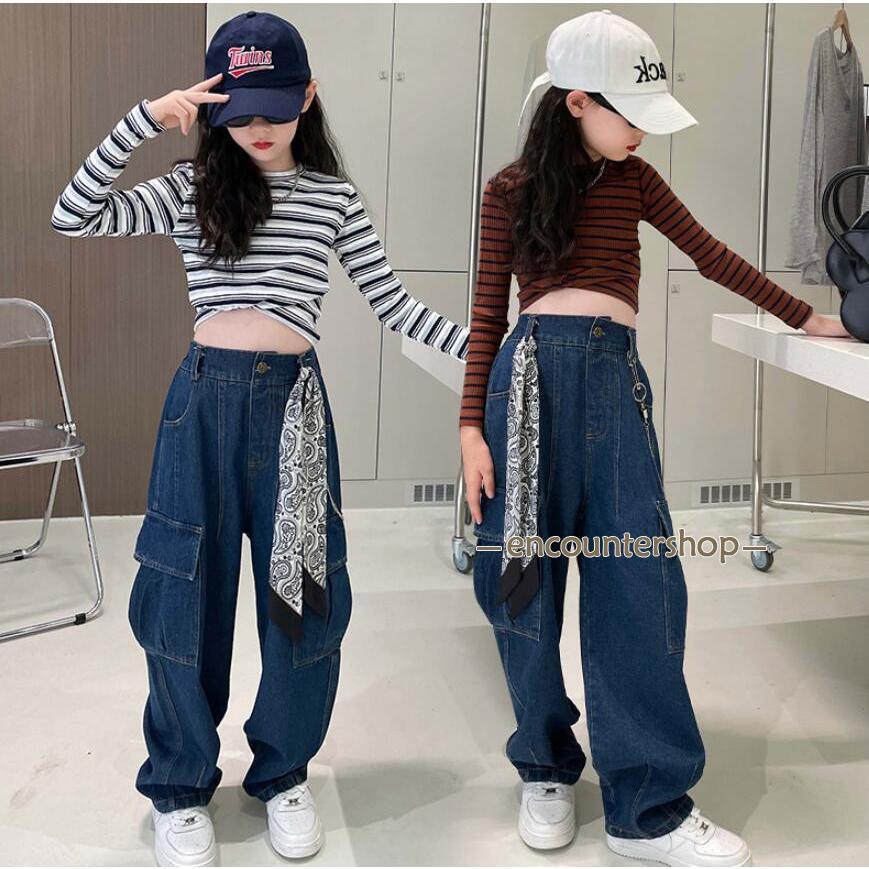 キッズダンス衣装 セットアップ へそだし 子供服 ヒップホップ ダンス衣装 女の子 ボーダー柄 tシャツ デニムパンツ 上下セット ダンス ...