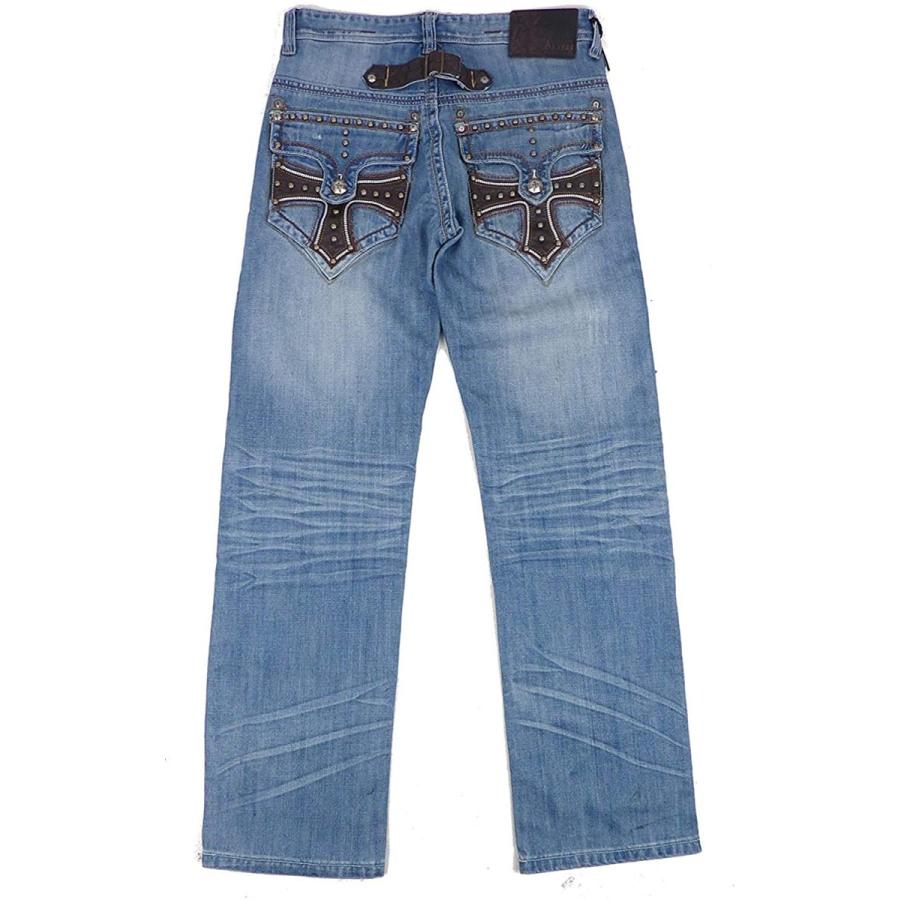 [並行輸入品] AKCESS アクセス レザー調パッチ ダメージ ストレート デニム パンツ (ウォッシュブルー ...