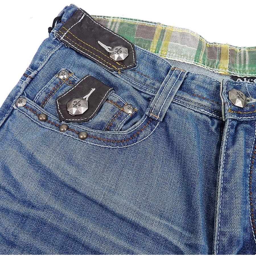 [並行輸入品] AKCESS アクセス レザー調パッチ ダメージ ストレート デニム パンツ (ウォッシュブルー ...