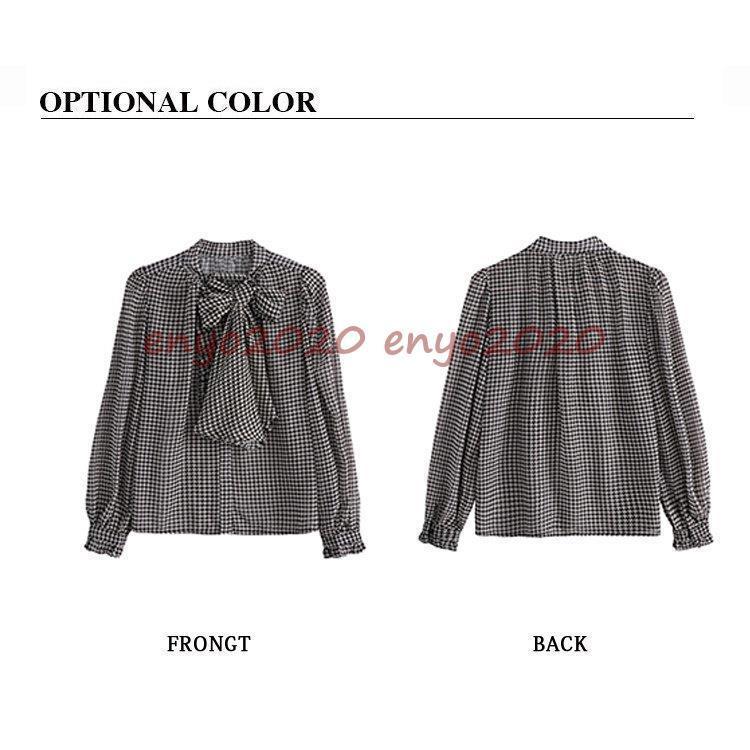 ブラウス トップス 長袖 千鳥柄 ボウタイ リボンタイ フリル オフィス