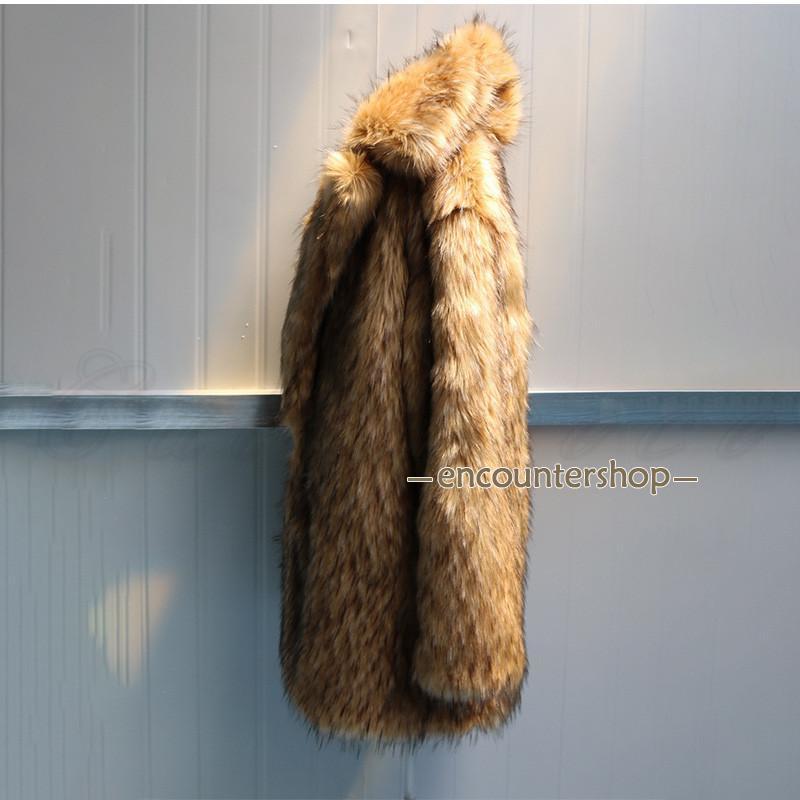 毛皮コート メンズ ファーコート ロング丈 ボリューム襟 ポケット付き
