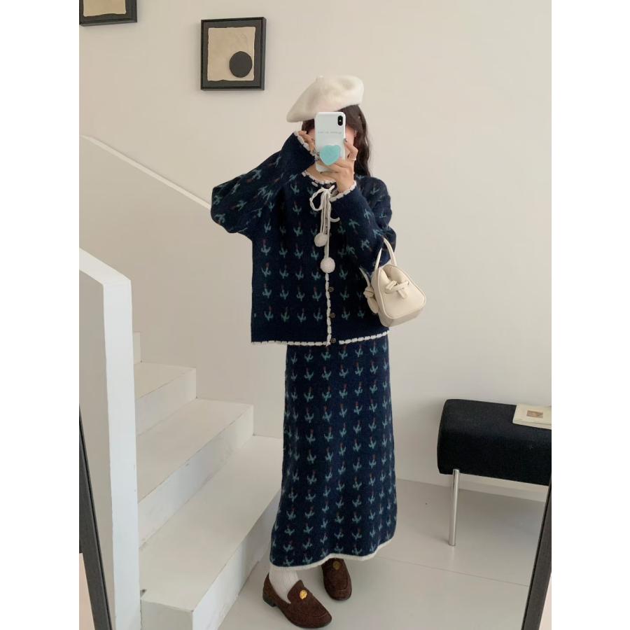 秋 フレンチ プリント ニット セーター ジャケット + ハイウエストAラインスカート（ダークブルー）sk0902 : Essence オンラインショップ - 通販 - Yahoo!ショッピング