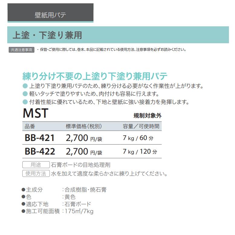 サンゲツ MST 7kg BB-421 BB-422 BB421 BB422 ベンリダイン 可使時間60分/120分 施工可能面積：約175平米/7kg 上塗り 下塗り兼用パテ 壁紙用パテ ...