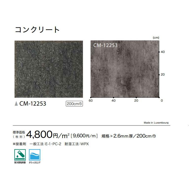 クッションフロア サンゲツ ホームフロア コンクリート CM-12253 2.6mm厚/200cm巾 耐次亜塩素酸 さらっと仕上げ ...