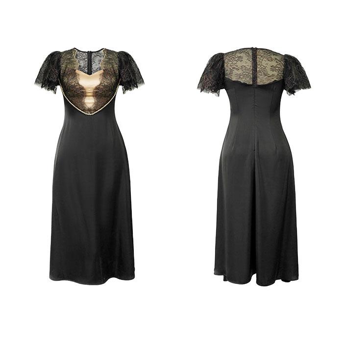 シースルーレース胸元ビジュー 半袖ミモレ丈フレアワンピース 黒 結婚式 お呼ばれ おしゃれ きれいめ ドレス 韓国 レディース :p09aa2-641c:エトワール神戸 - 通販 ...