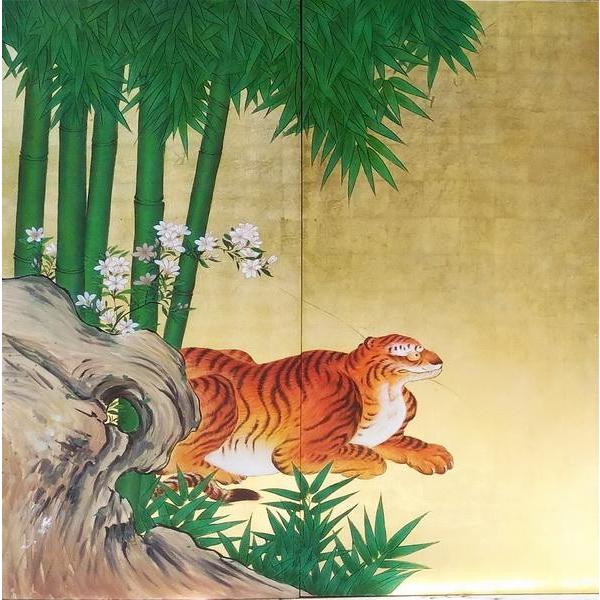 漆絵 狩野探幽の名作_竹虎図 左隻+右隻 NH122 : 絵画制作専門 漆絵 狩野探幽の名作_竹虎図 左隻+右隻 NH122 : 絵画制作専門