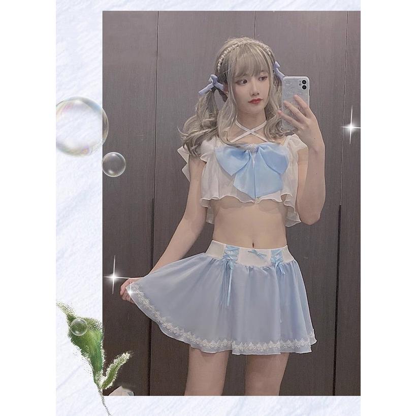 水着 レディース ロリータ風 リボン かわいい フリル 透け感あり 肩