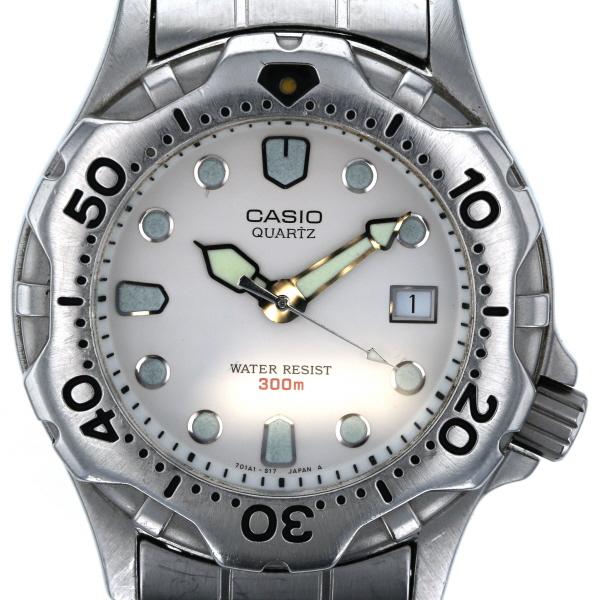 カシオ CASIO ラウンドフェイス デイト 300m MDP-801 クオーツ アイボリー 文字盤 3針式 メンズ 腕時計 【hon】【中古 ...