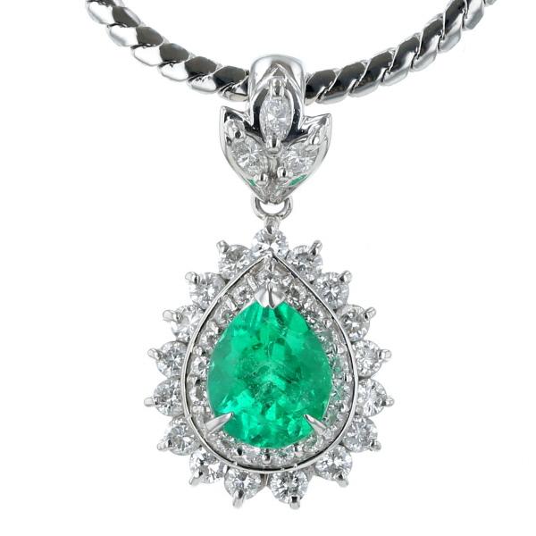 Pt900 Pt850 プラチナ ネックレス エメラルド 1.91ct ダイヤモンド 1.21ct/0.20ct コロンビア産 取巻き ペアシェイプ 雫 40cm【新品仕上済】【zz】【中古 ...