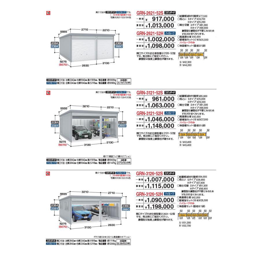 イナバ物置 稲葉製作所 車庫 倉庫 ガレージ ガレーディア GRN-2621・52S スタンダード 一般型 間口4760×奥行5275×高さ2360mm 2台収納タイプ 車 : DIY ...