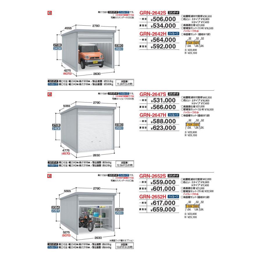 イナバ物置 稲葉製作所 車庫 倉庫 ガレージ ガレーディア GRN-2642S スタンダード 一般型 間口2630×奥行4275×高さ2360mm 1台収納タイプ 車庫 倉 :ib34-grn ...