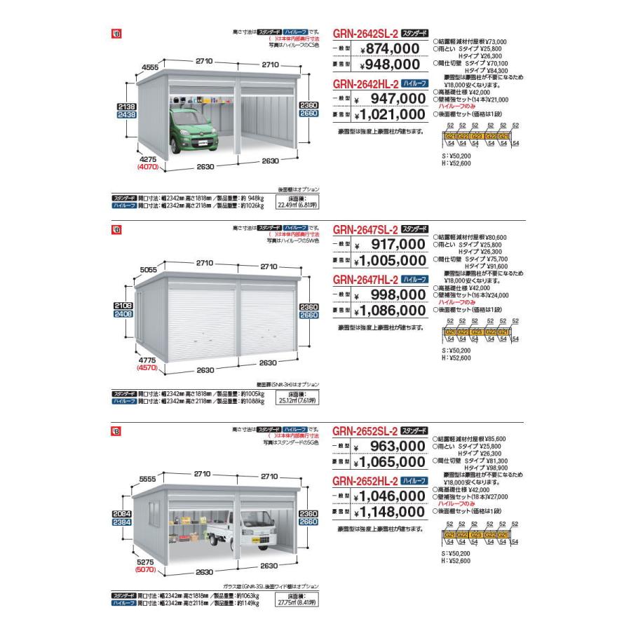 イナバ物置 稲葉製作所 車庫 倉庫 ガレージ ガレーディア GRN-2647SL-2 スタンダード 豪雪型 間口2630×奥行4775×高さ2360mm 2台収納タイプ 車庫 :ib34 ...