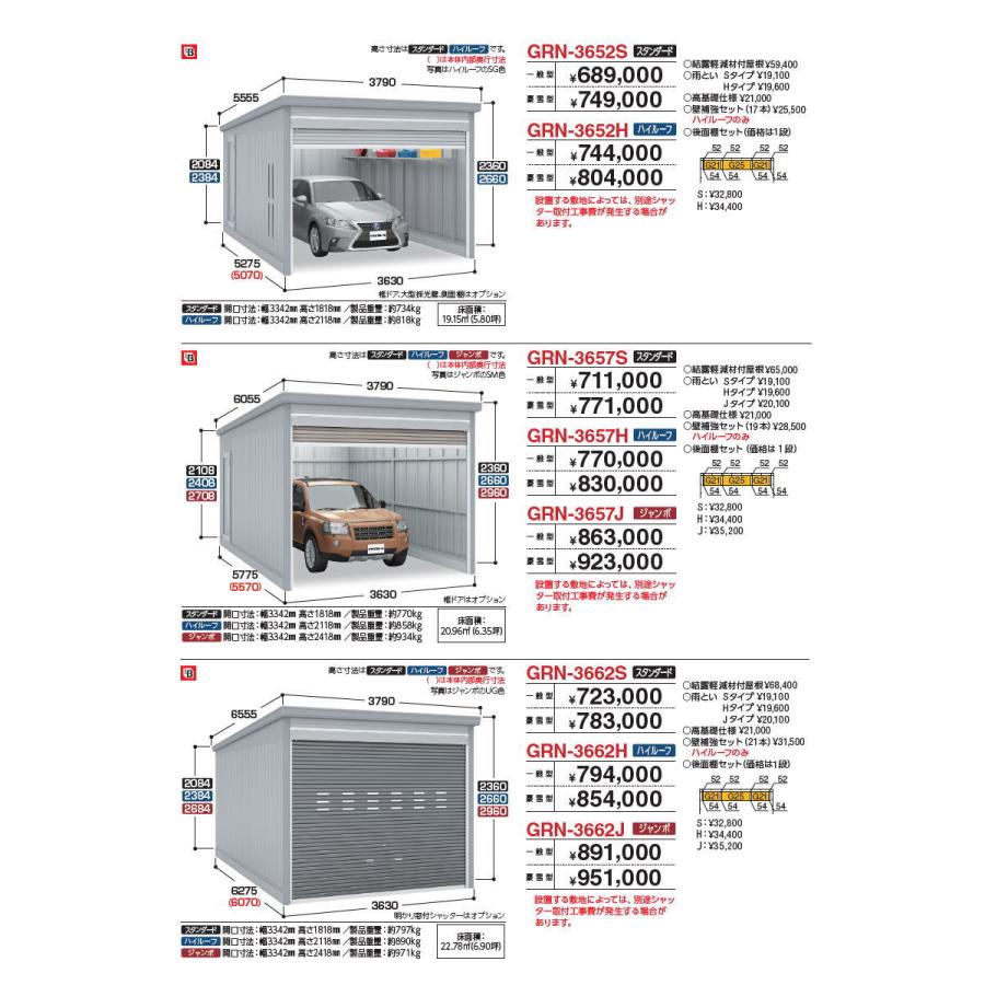 イナバ物置 稲葉製作所 車庫 倉庫 ガレージ ガレーディア GRN-3652S スタンダード 豪雪型 間口3630×奥行5275×高さ2360mm 1台収納タイプ 車庫 倉 :ib34-grn ...