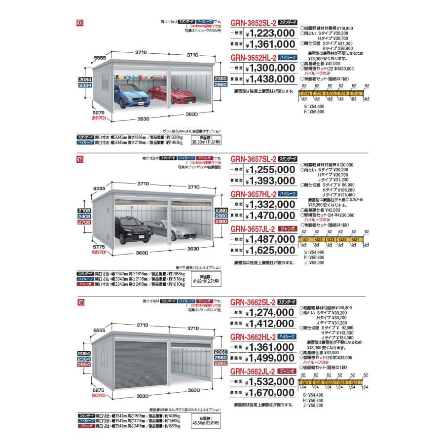 イナバ物置 稲葉製作所 車庫 倉庫 ガレージ ガレーディア GRN-3662HL-2 ハイルーフ 豪雪型 間口7260×奥行6275×高さ2660mm 2台収納タイプ 車庫 倉 : ib34 ...