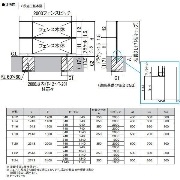 多段柱 LIXIL(リクシル) TOEX フェンスAA 2段柱 アルミカラー T20 60×60 YL1型、YS1型、YS2型、YS3型、YR1型、YT1型、TS1型対応 境界 屋外 アルミ ...