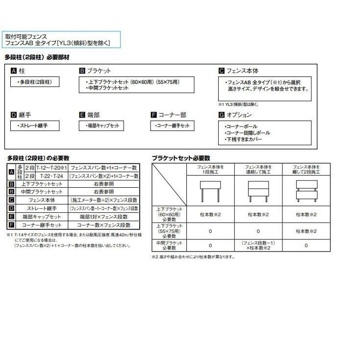 多段柱 LIXIL(リクシル) TOEX フェンスAB 2段柱 アルミカラー T20 60×60 全タイプ対応(YL3(傾斜)型を除く) 境界 屋外 アルミ 形材フェンスガーデン DIY ...
