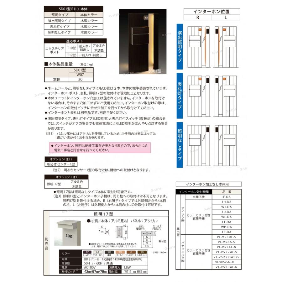 【無料★特典対象】 門柱 ポスト 一体 YKK YKKap ルシアスウォール SD01型 W07 演出照明タイプ(100V) 木調カラー T12型 ルシアス 機能門柱 機能ポール : DIY ...