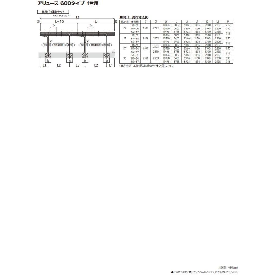 カーポート 1台用 YKK YKKap アリュース 600タイプ 奥行(2)連結セット J51・51-24 H22 屋根ふき材：ポリカーボネート板 YCS-A（奥行（2）連結セット ...