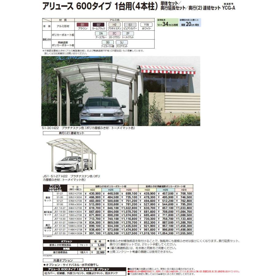 【エリア限定販売】 カーポート 1台用 YKK YKKap アリュース 600タイプ(4本柱) 奥行延長セット J57・14-27 H28 屋根ふき材：ポリカーボネート板 YC : DIY ...