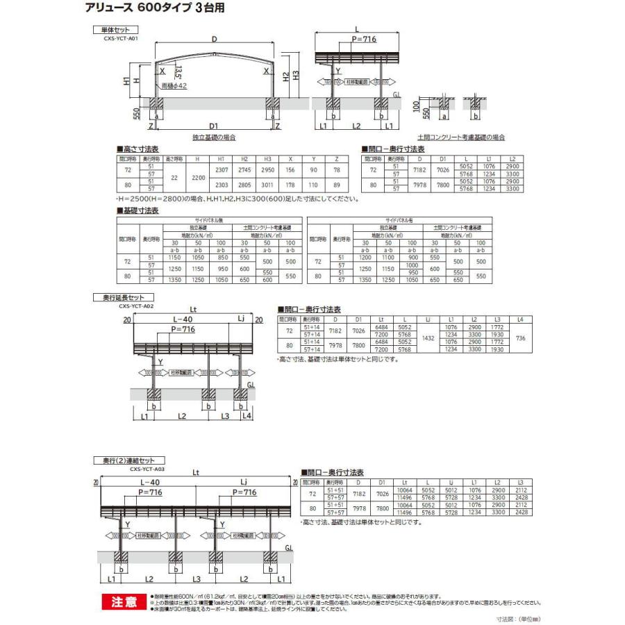 カーポート 3台用 YKK YKKap アリュース 600タイプ 単体セット 51-72 H28 屋根ふき材：ポリカーボネート板 YCT-A（単体セット） 駐車 車庫 ガレージ : yk11 ...