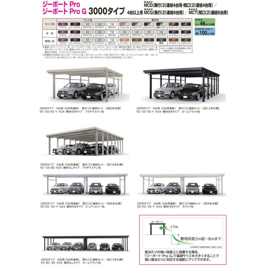 【エリア限定販売】 カーポート 4台用 YKK YKKap ジーポート Pro 3000タイプ 奥行（2）連結柱8本 J60・60-48 H25 横材なし 木調色 明かり取りなし : DIY ...