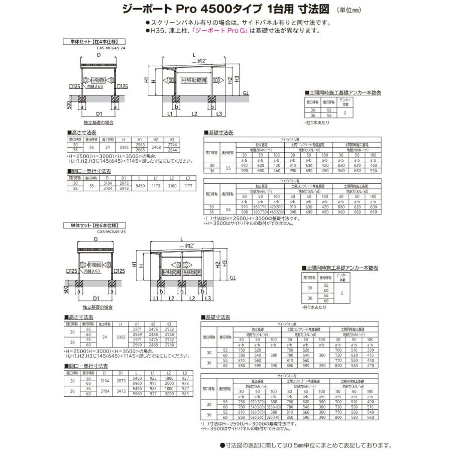 カーポート 1台用 YKK YKKap ジーポート Pro 4500タイプ 単体柱4本 55-36 H25 横材なし アルミ色 明かり取りなし MCG（単体・奥行延長） 駐車 車 : yk11 ...