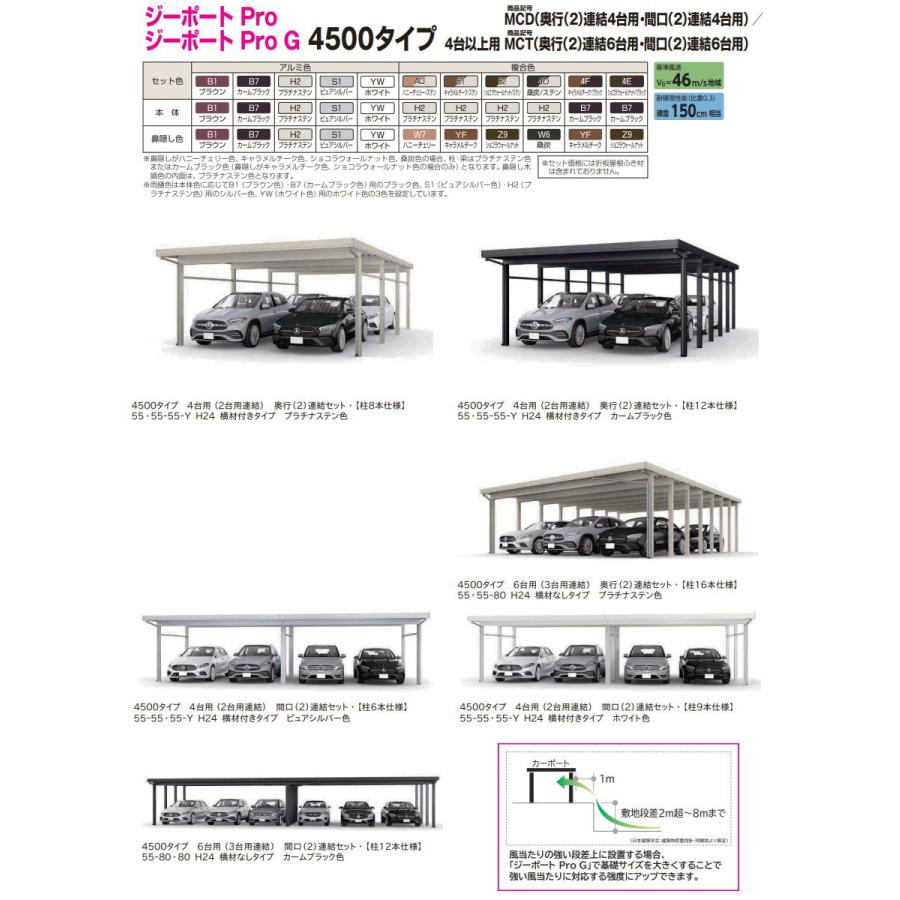 カーポート 4台用 YKK YKKap ジーポート Pro 4500タイプ 間口（2）連結柱6本 M55-60・60 H30 横材なし 木調色 明かり取り屋根3山 MCD（奥行（2 ...