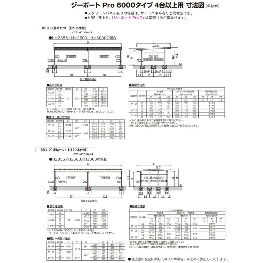 カーポート 4台用 YKK YKKap ジーポート Pro 6000タイプ 間口（2）連結柱12本 M60-55・55 H25 横材なし アルミ色 明かり取りなし MCD（奥行（2 ...