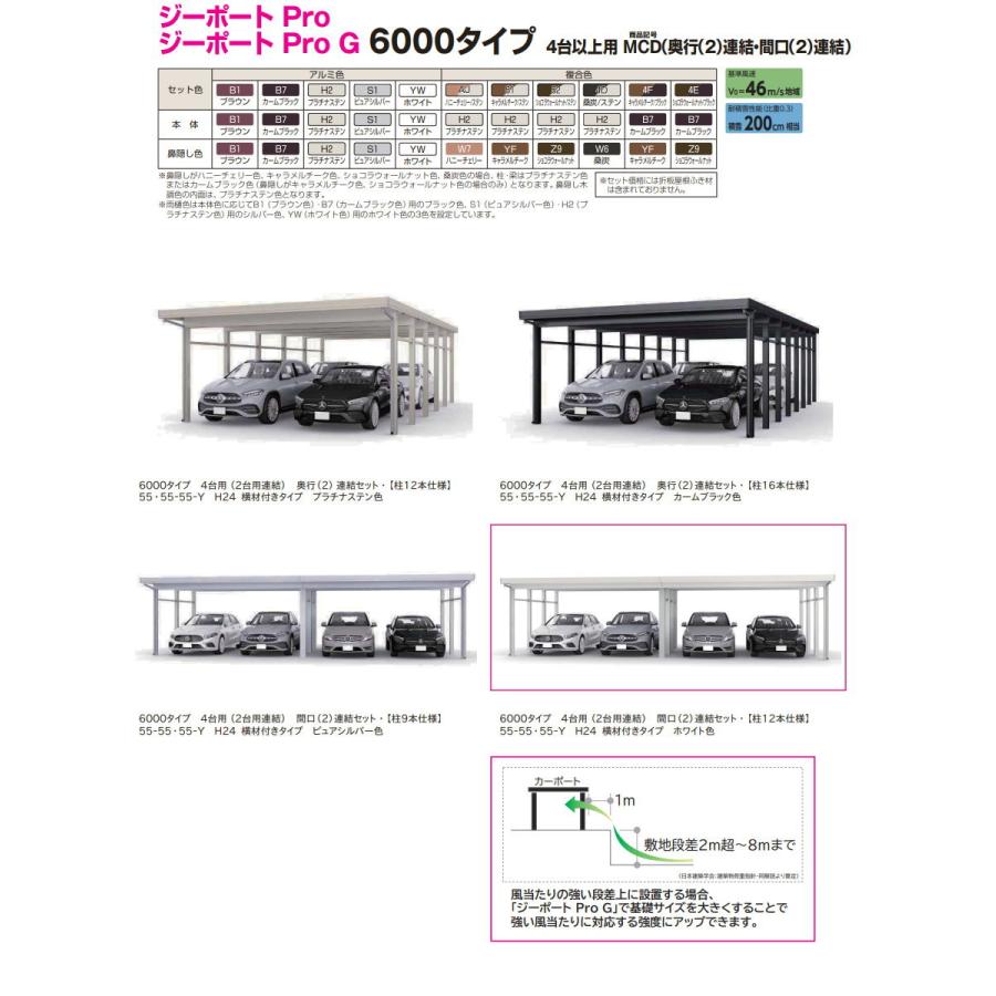 カーポート 4台用 YKK YKKap ジーポート Pro 6000タイプ 間口（2）連結柱12本 M60-55・60 H30 横材なし 木調色 明かり取り屋根3山 MCD（奥行（2 ...