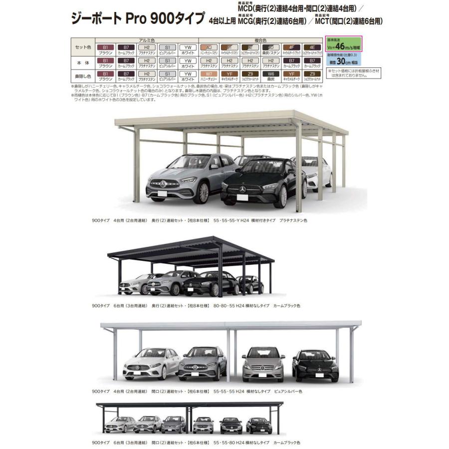 カーポート 4台用 YKK YKKap ジーポート Pro 900タイプ 間口（2）連結柱6本 M60-60・60 H25 横材なし 木調色 明かり取り屋根1山 MCD（間口（2）連 ...