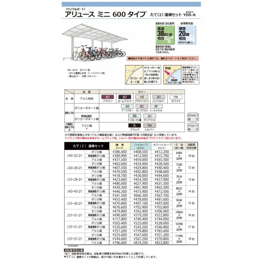 関東・東海エリア限定配達 サイクルポート YKK YKKap アリュース ミニ 600タイプ たて2連棟セット J43・22-21 ハイルーフ(H24) アルミ色 10台用 : DIY ...