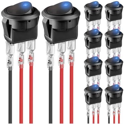 MKBKLLJY 10個ラウンドロッカースイッチ青色LED 12V 20A 3ピン有線LEDライト電源オフスイッチSPSTは車のトラックのRV ...