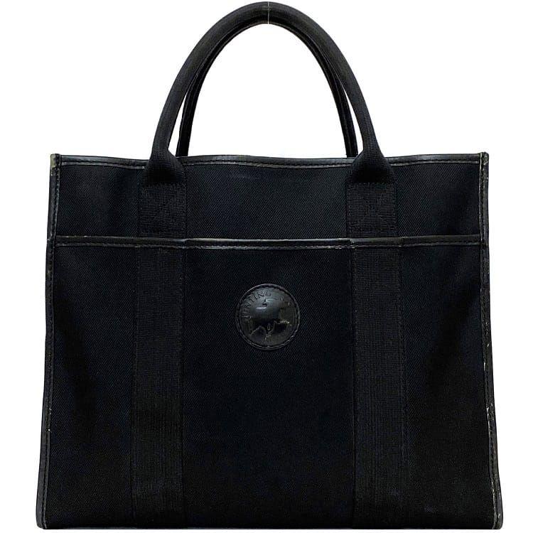 Hunting World ハンティングワールド ハンドバッグ ブラック ec-20551 ワンポイント ロゴ キャンバス レザー 中古 ...