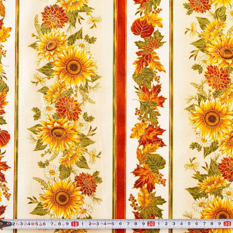 RK-4643 ひまわり、デイジー、メイプル ストライプ 金ラメ/ベージュ コットンプリント生地 : FairyCottonY!Store - 通販 - Yahoo!ショッピング