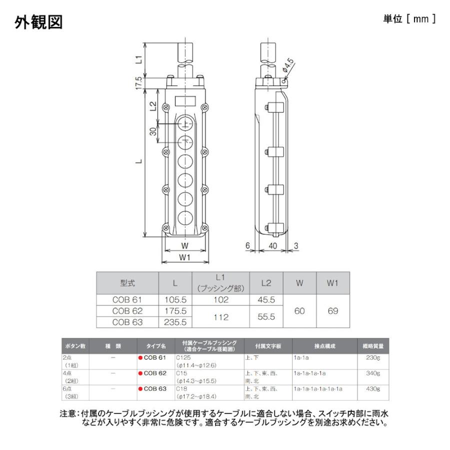 パトライト（KASUGA） COB 63 電動機間接操作押しボタン開閉器 高衝撃性ABS樹脂 防雨形 （6点 3組） 定格通電電流5A ...