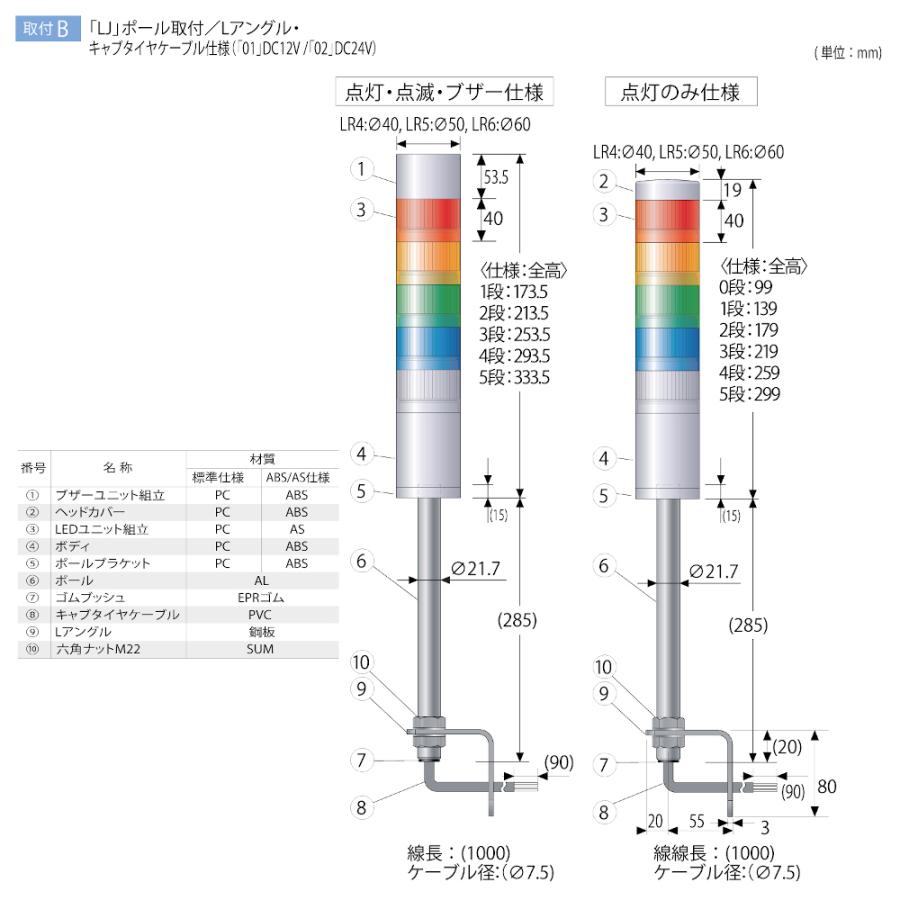 パトライト LR4-202LJBW-RG 積層信号灯 Φ40 DC24V 赤緑 点滅有/ブザー有 ポール取付 L型アングル キャブタイヤケーブル : 2816906 : FA-Ubon ...