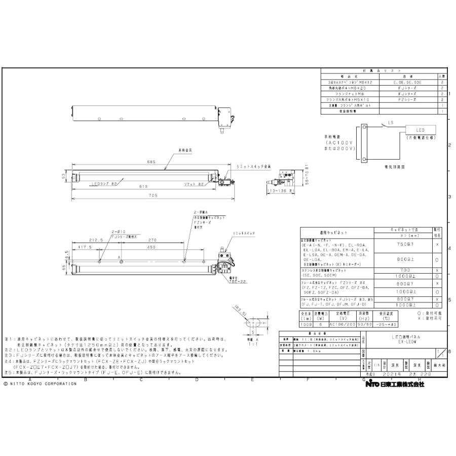 日東工業 EX-LEDW (LEDパネル) ユニットタイプ盤用LED照明 AC100/200V 外形寸法705mm 全光束1000lm ...