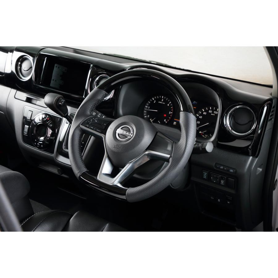 キャラバン NV350 E26 後期用 GX VX ピアノブラック Dタイプ ガングリップ ウッド パンチング本皮調レザーステアリング 高品質 / フェガーリ FEGGARI LUNA ...